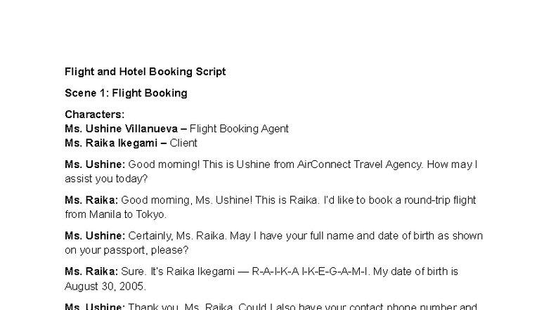 TATM Flight and Hotel Booking Script: Scene 1 & 2 - Studocu