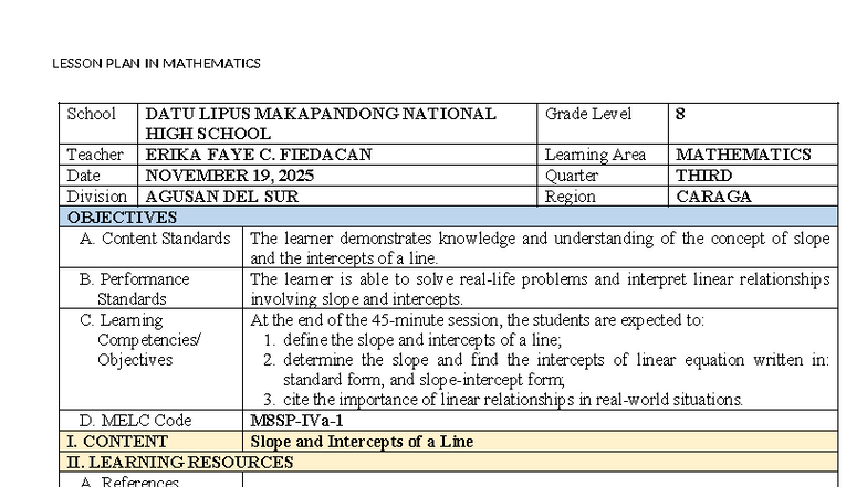 CO1-FCP-1: Lesson Plan on Slope and Intercepts for Grade 8 Math - Studocu