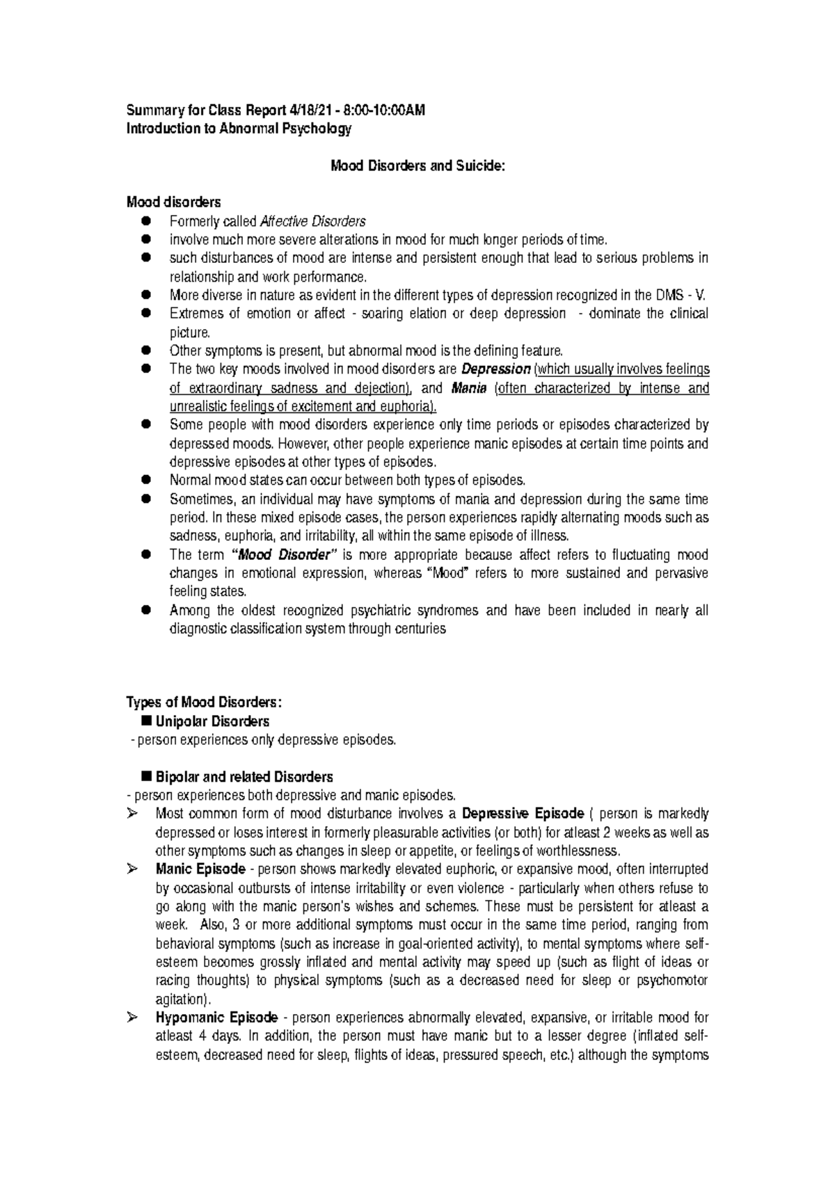 Mood Disorders and Suicide - Outline for Report - comprehensive ...