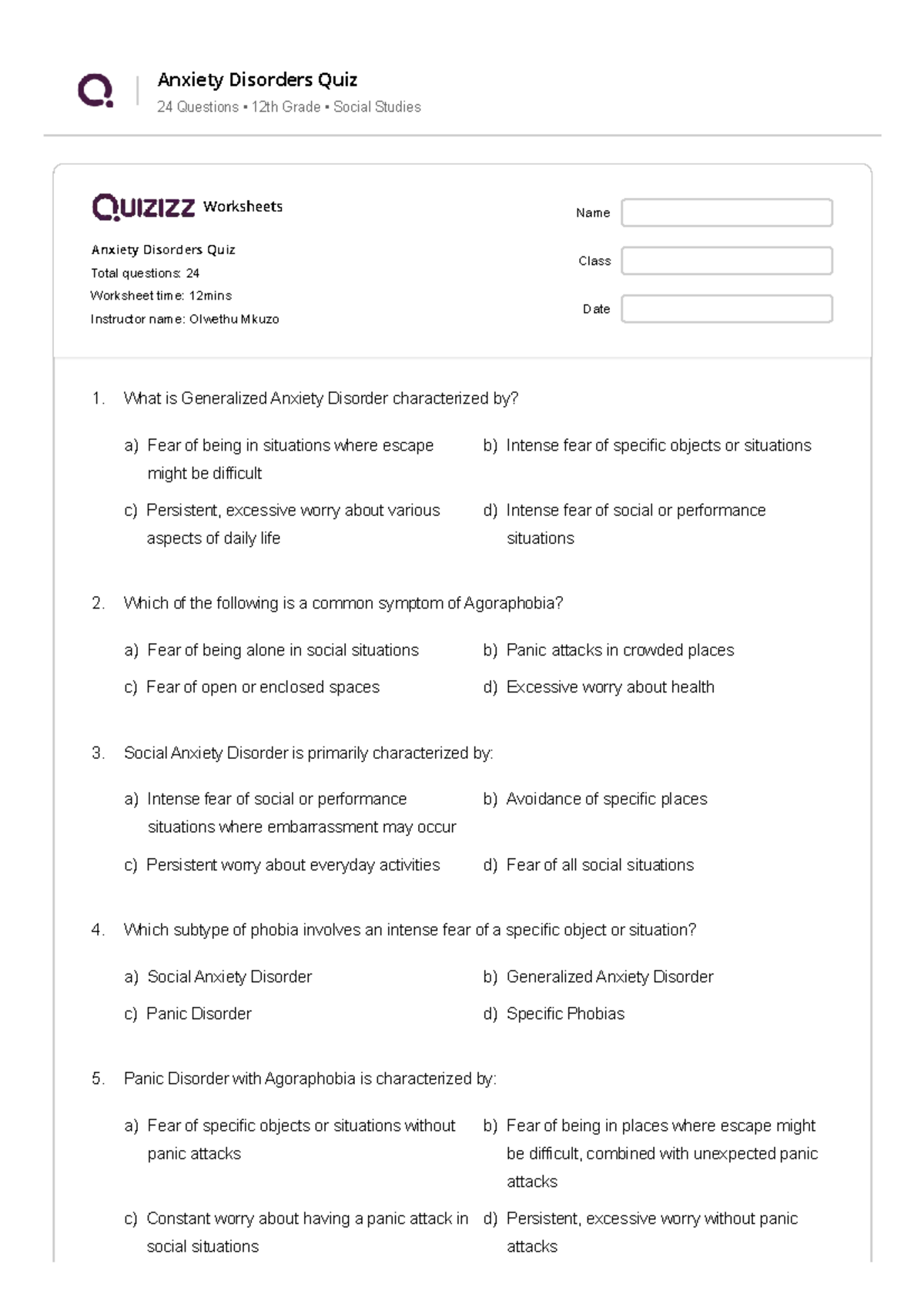 Anxiety Disorders Quiz (12th Grade Social Studies) - 24 Questions - Studocu