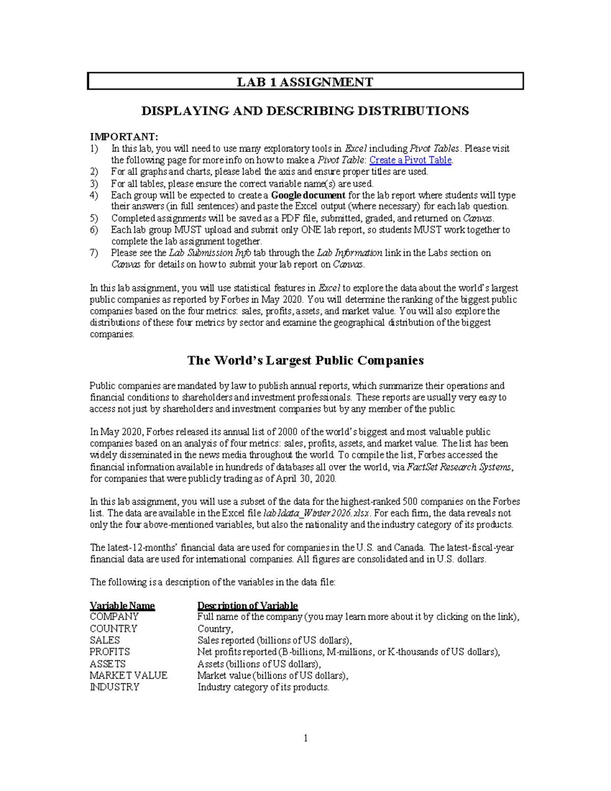 LAB 1 ASSIGNMENT: DISPLAYING & DESCRIBING DISTRIBUTIONS (Winter 2026 ...