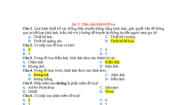 Trắc nghiệm 10: Phần mềm thiết kế đồ họa (Bài 12-14) - Studocu