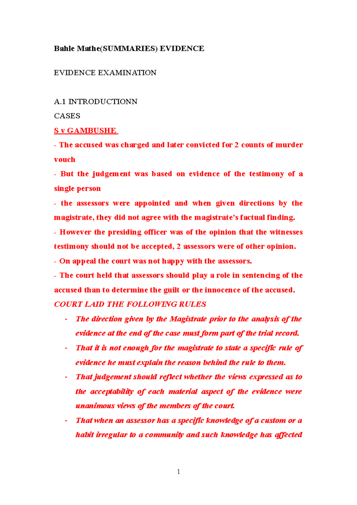 Evidence Summary notes & cases - Bahle Mathe(SUMMARIES) EVIDENCE ...