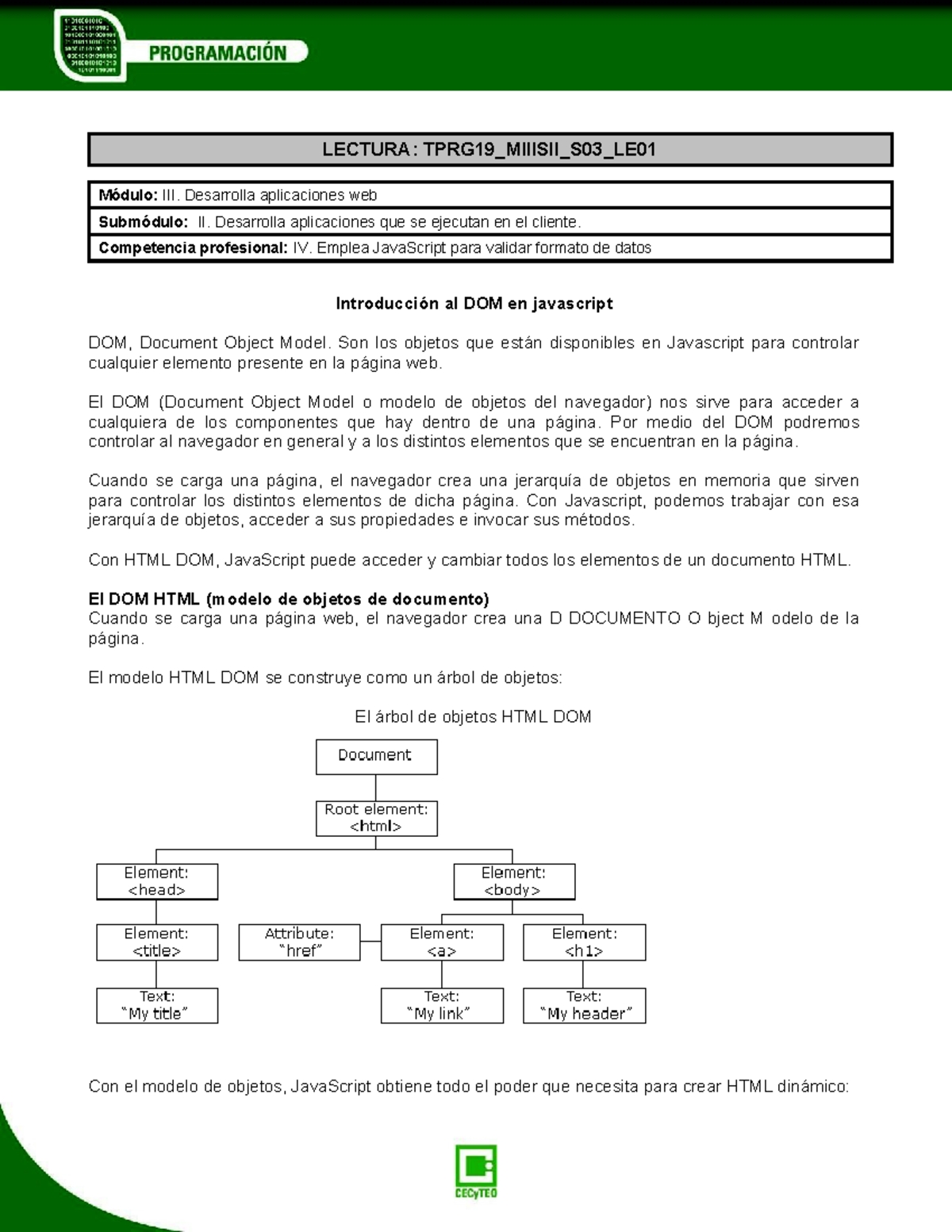LECTURA: TPRG19 Módulo II - Introducción al DOM en JavaScript - Studocu