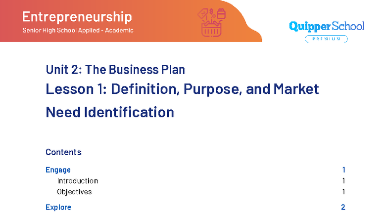 Unit 2: The Business Plan - Lesson 1: Defining Market Needs and Purpose ...