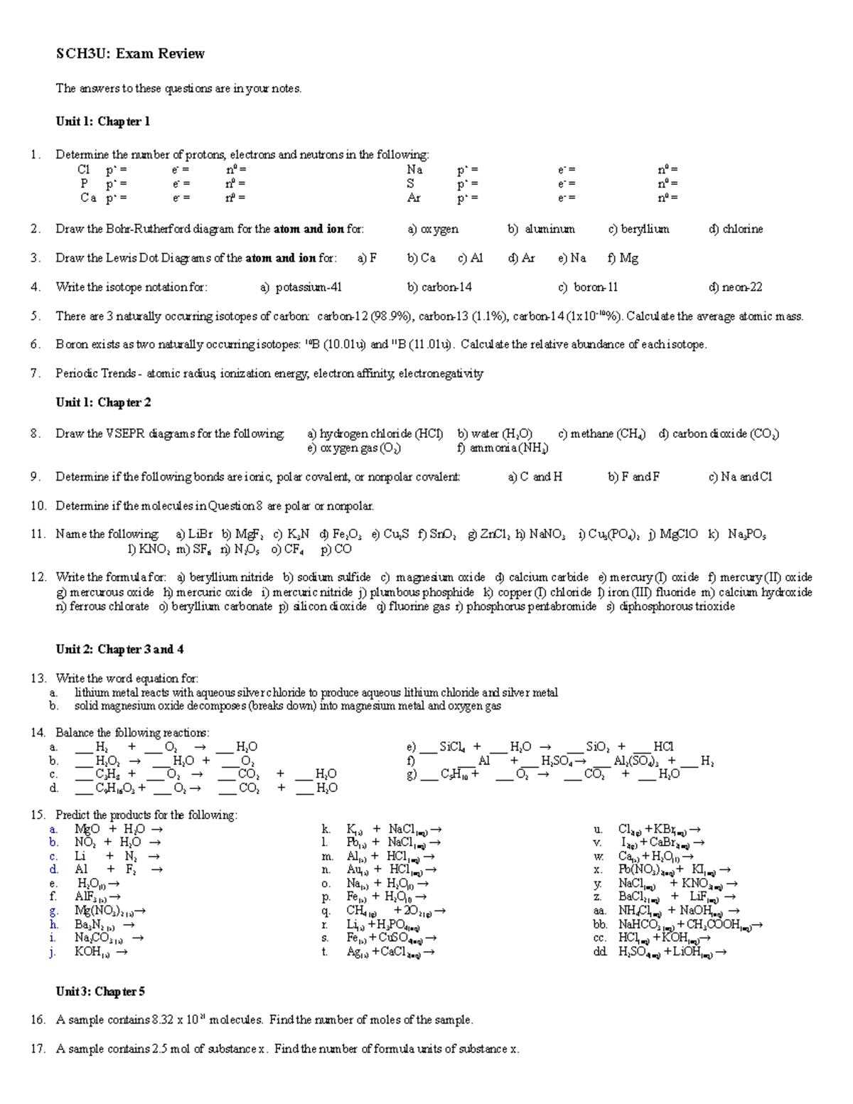 SCH3U Final Exam Review 2024: Key Concepts and Practice - Studocu