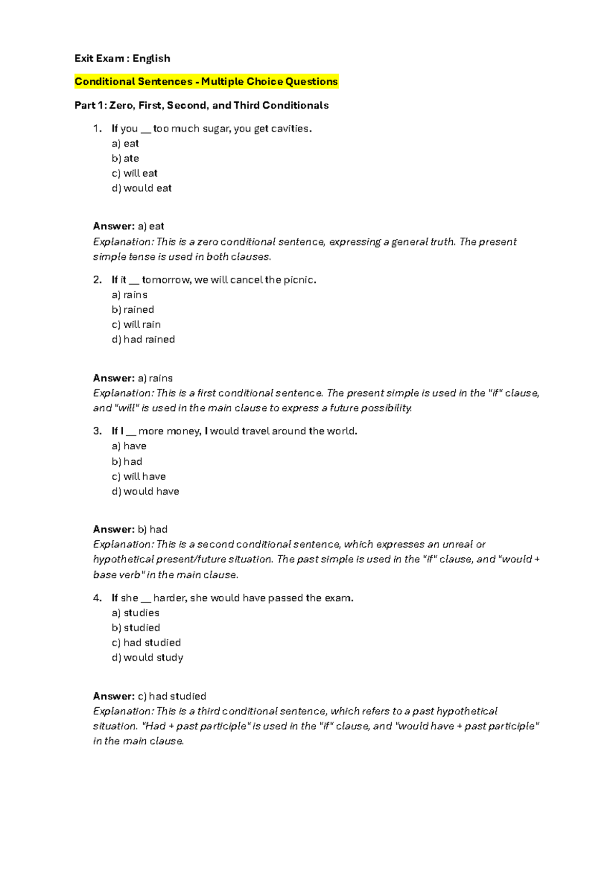 Exit Exam - English (Practice Test on Conditional Sentences) - Studocu