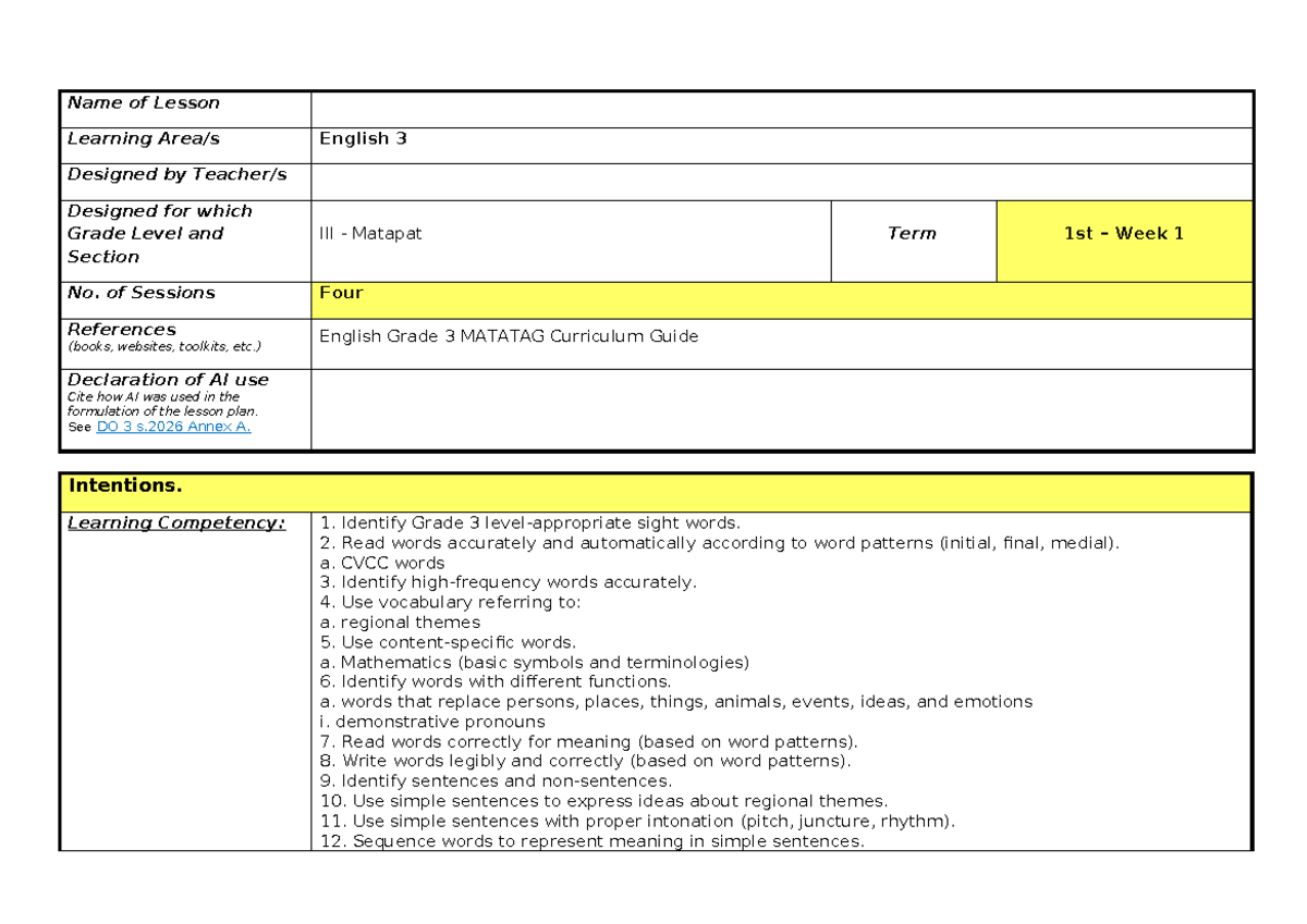 English 3 Lesson Plan: Guardians of Wawa (Term 1, Week 1) - Studocu