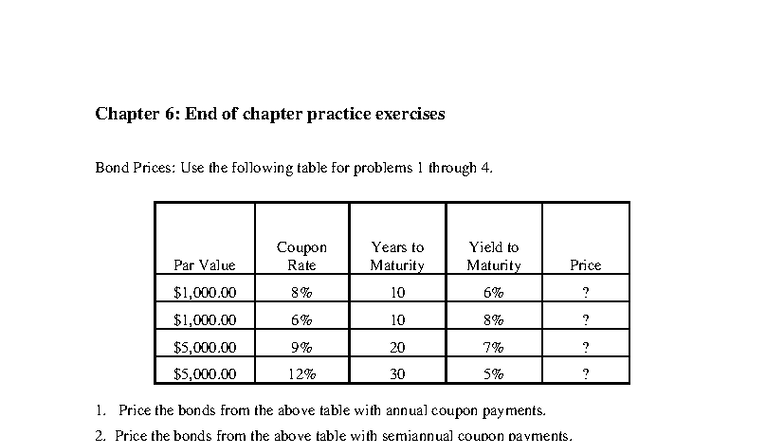 Chapter 6: Bond Pricing Practice Exercises and Solutions - Studocu