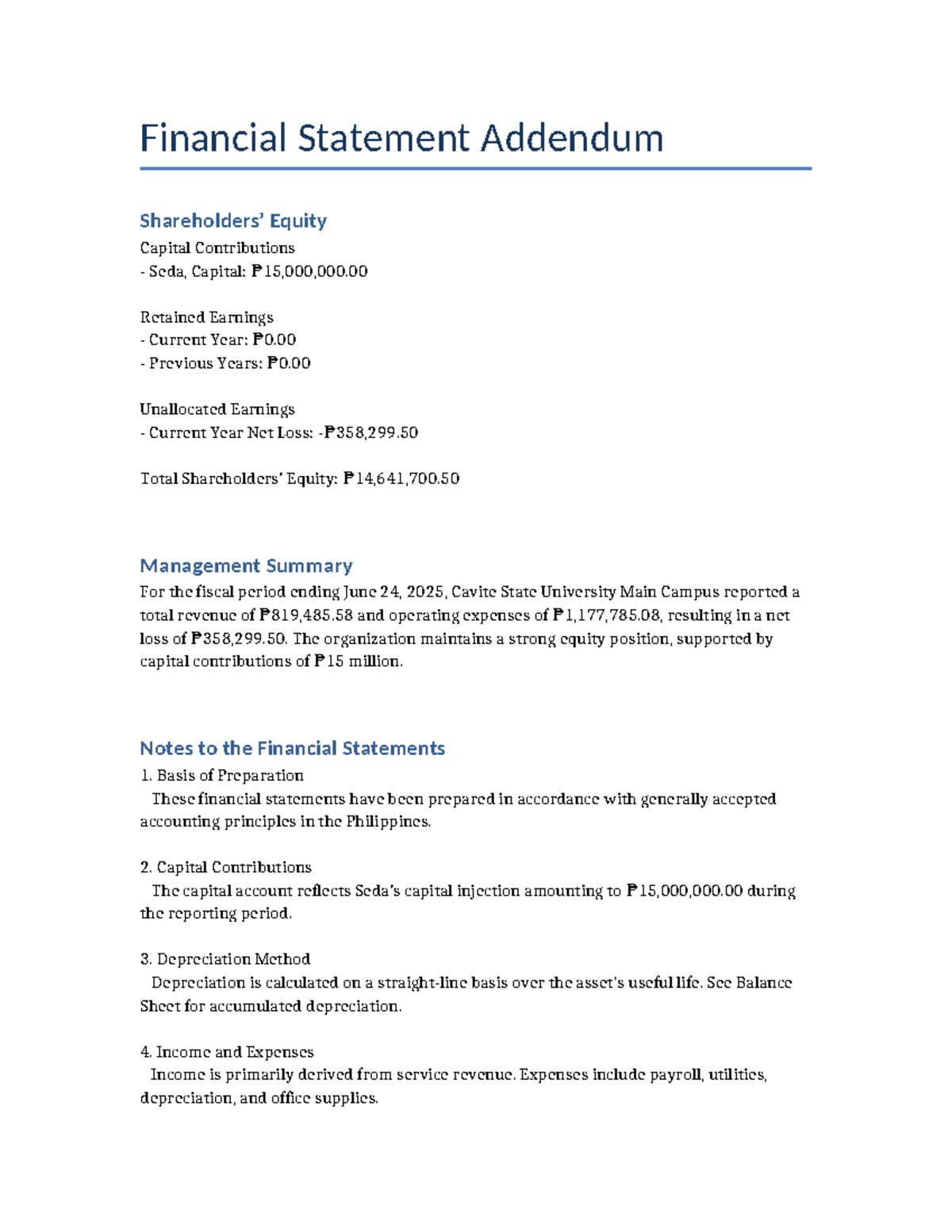 Financial Statement Addendum: Equity Contributions & Earnings Analysis ...