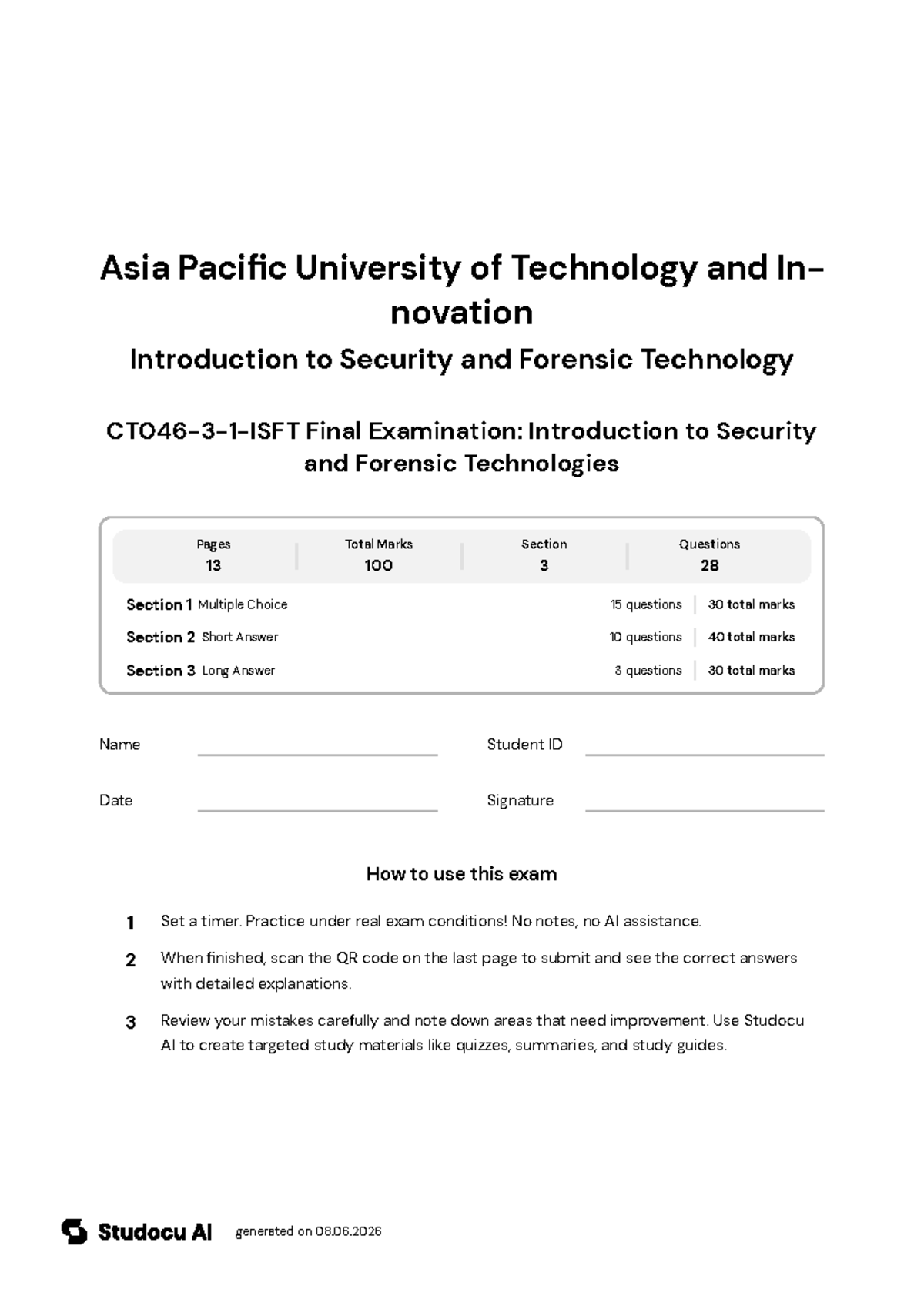 CT046-3-1-ISFT Final Exam: Security & Forensics - Studocu
