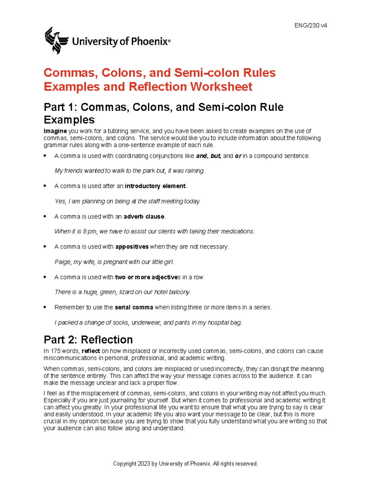 Eng230 v4 WK4 Commas, Colons & Semicolon Rules: Examples & Reflection ...
