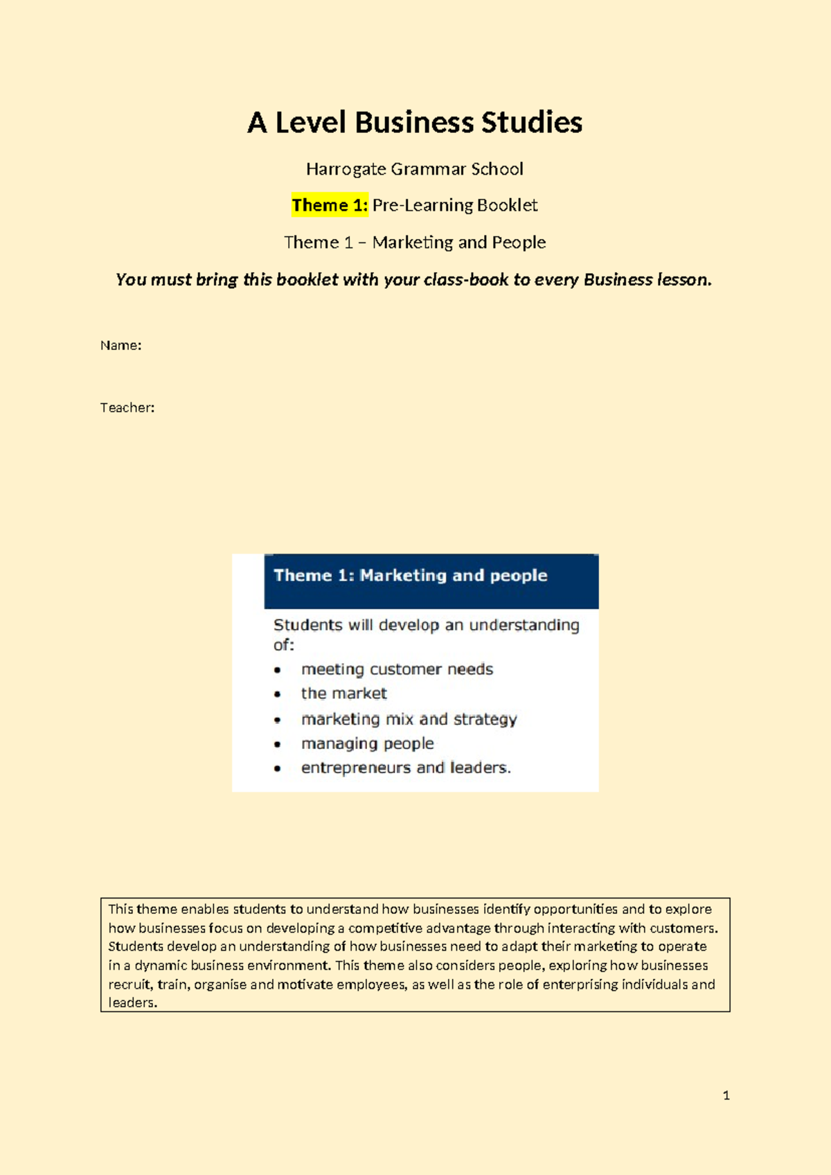 A Level Business Studies Theme 1: Pre-Learning Booklet Analysis - Studocu