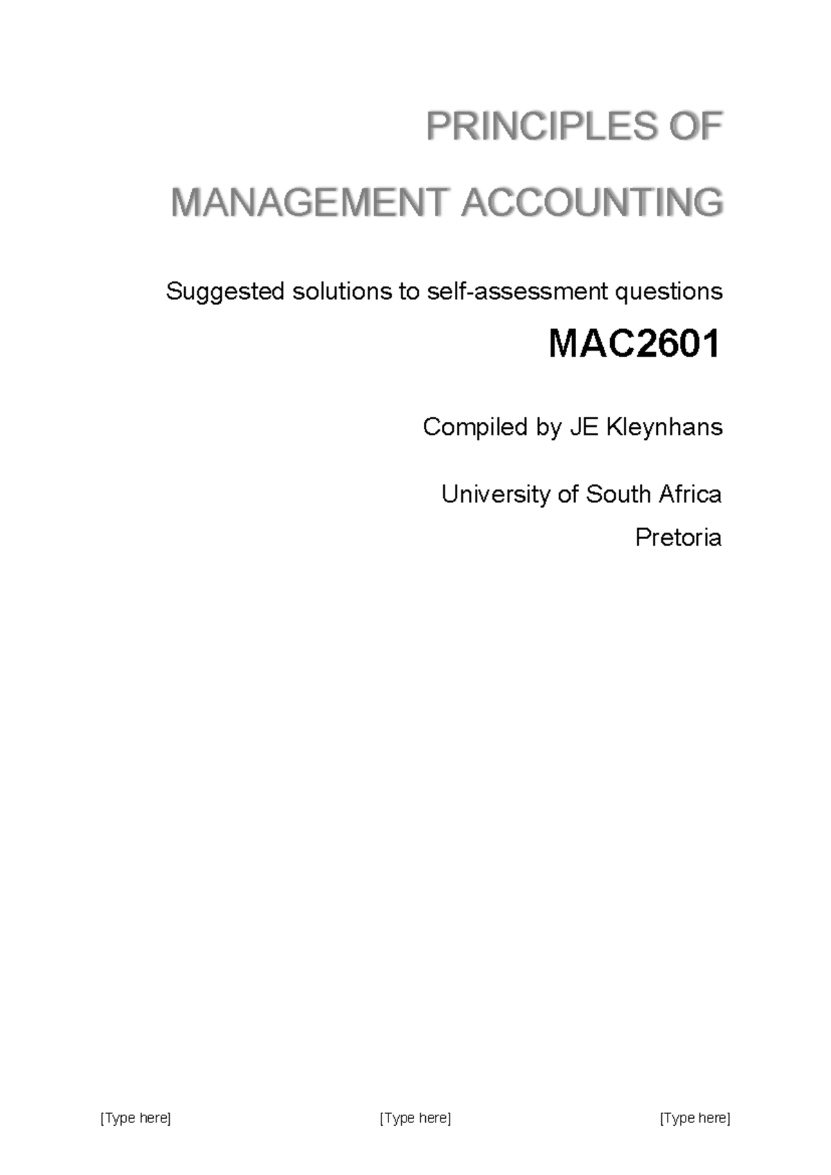 MAC2601 Principles of Management Accounting: Suggested Solutions to ...