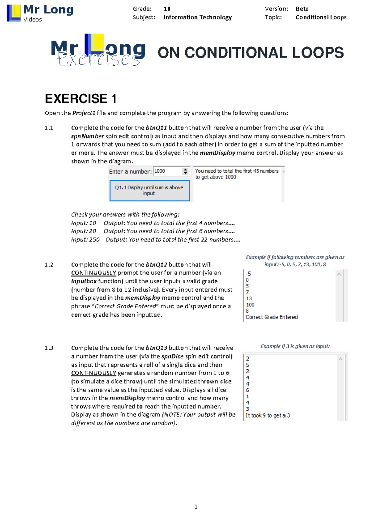 Conditional Loops Exercises & Solutions - IT MEMO - Mr Long - Studocu