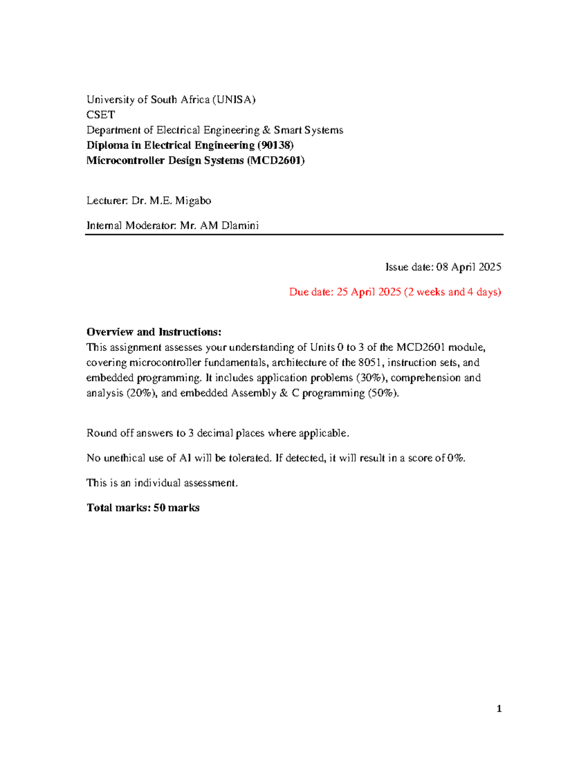 MCD2601 Assignment 1: Microcontroller Design Systems Overview 2025 - Studocu