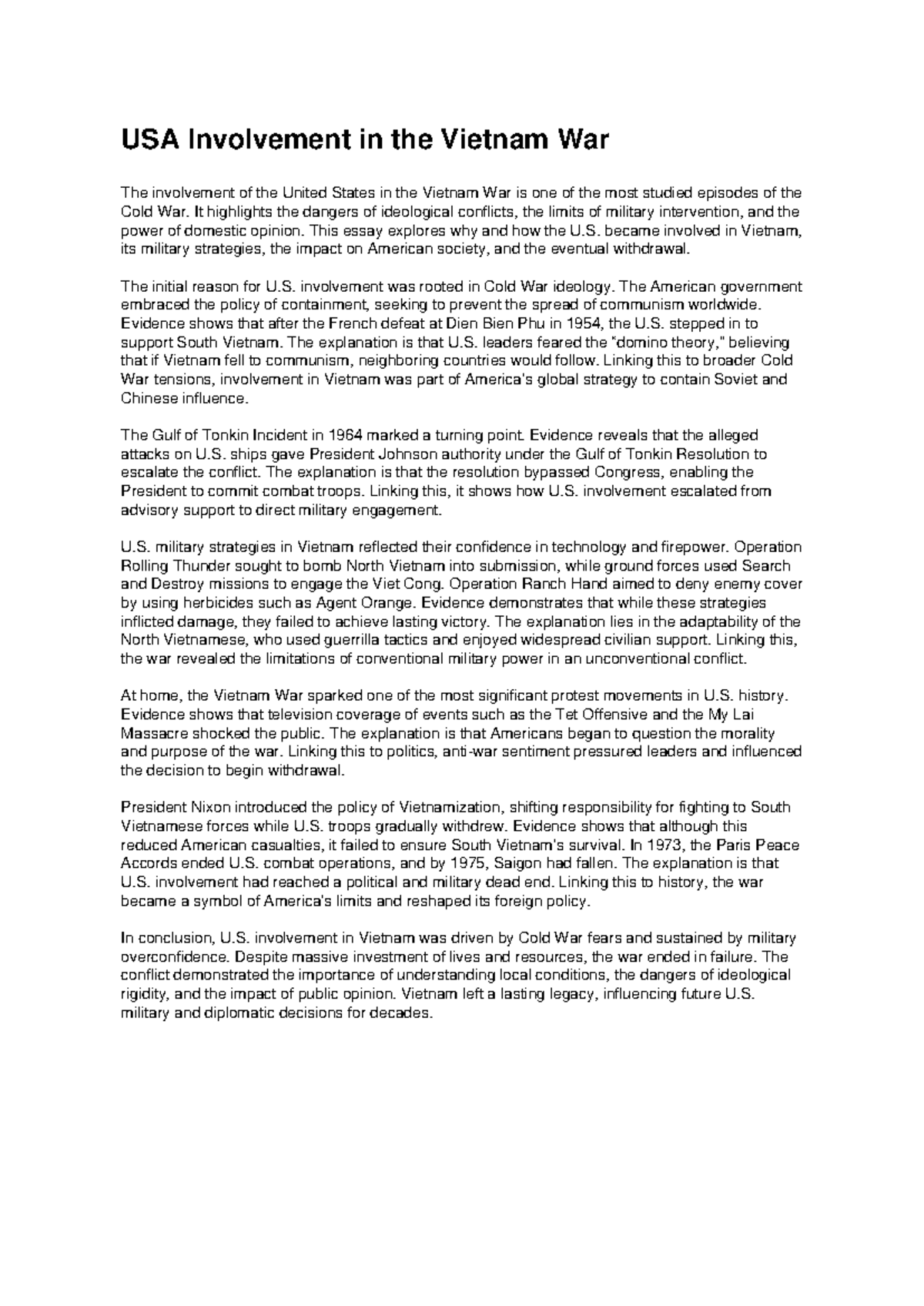 USA Involvement in the Vietnam War: A Comprehensive Analysis - Studocu