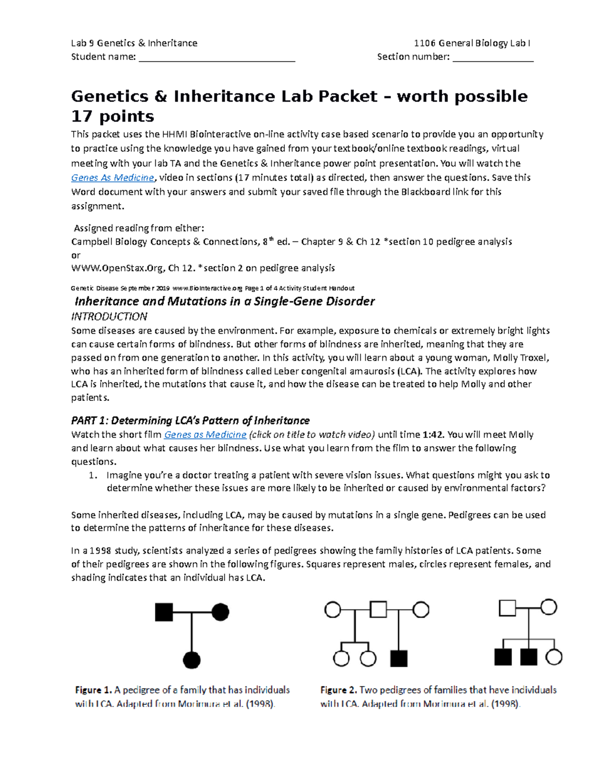 9 Genetics Inheritance Lab Packet - Student name ...