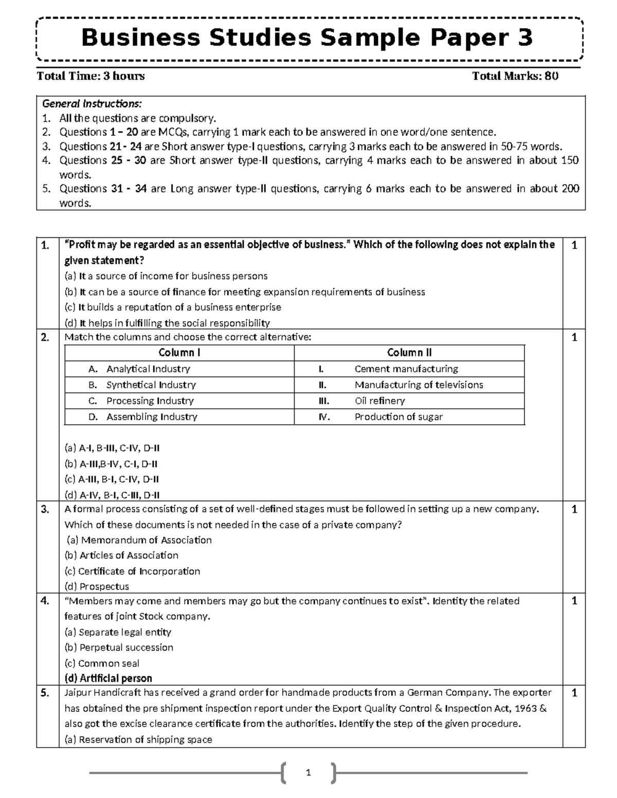 BST 11th Sample Paper 3: Business Studies Exam Practice - Studocu