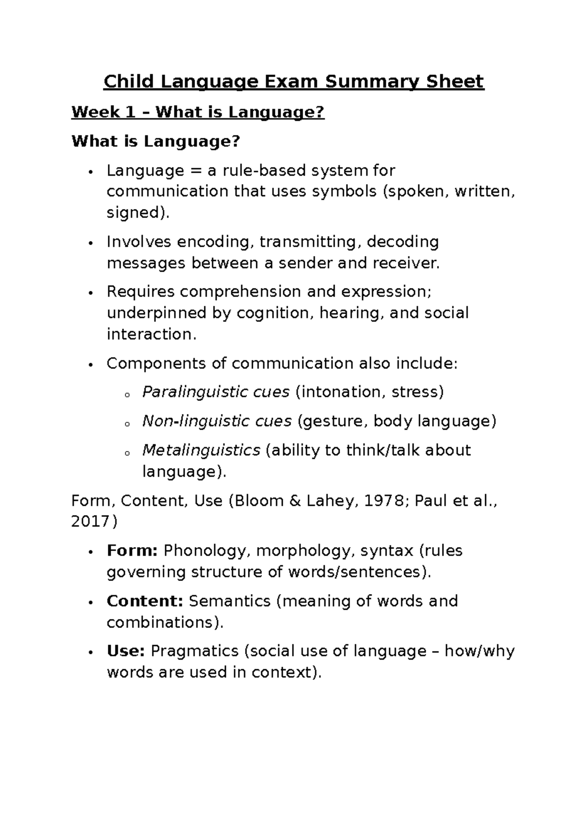 Child Language Exam Summary Sheet: Week 1 & 2 Overview - Studocu