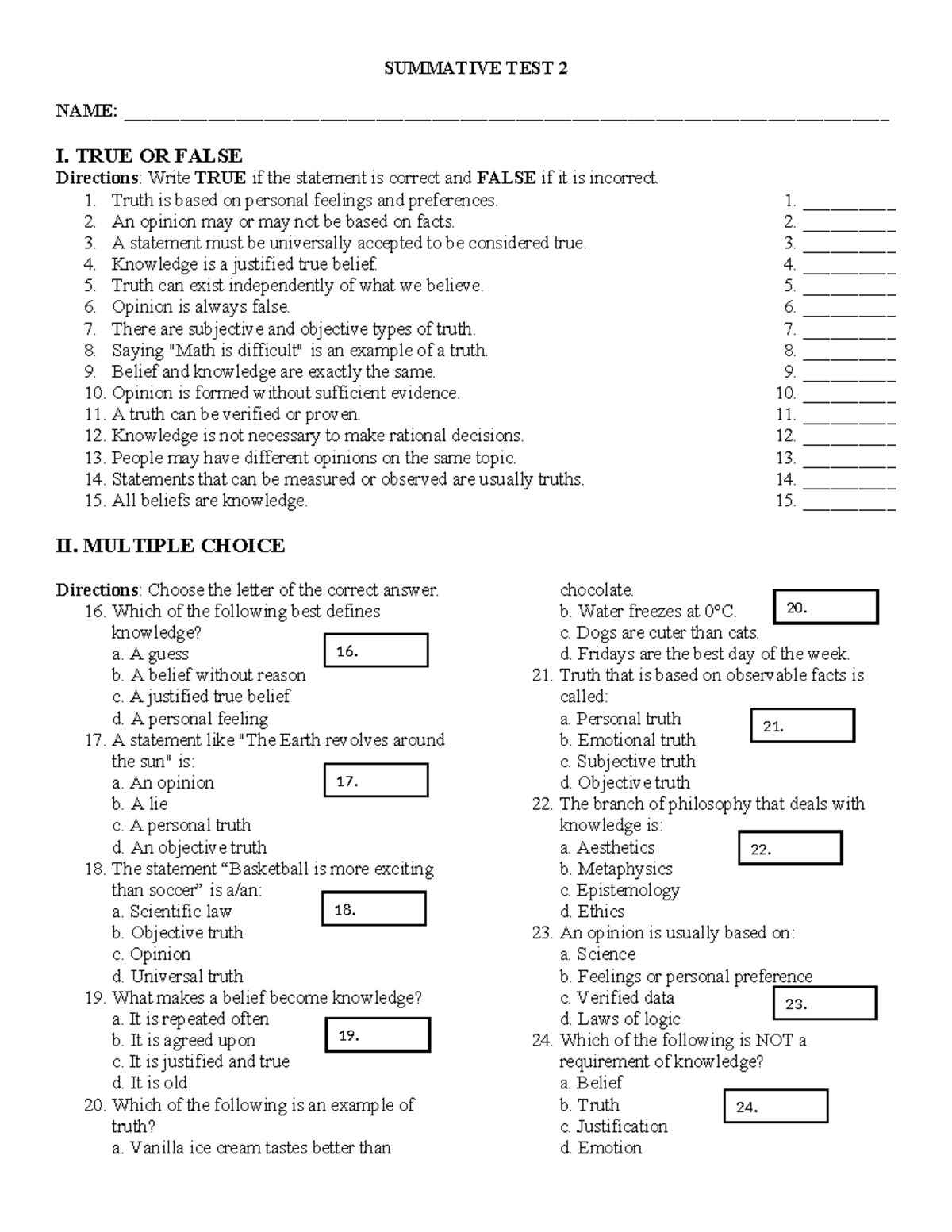 Summative Test 2: True/False & Multiple Choice Questions - Studocu