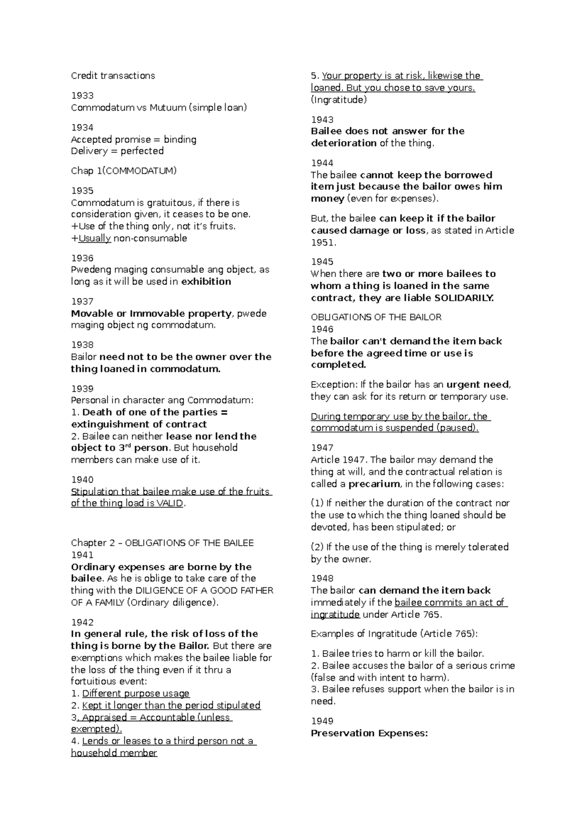 Credit Transactions Review Guide: Commodatum vs. Mutuum (Chapter 1 & 2 ...