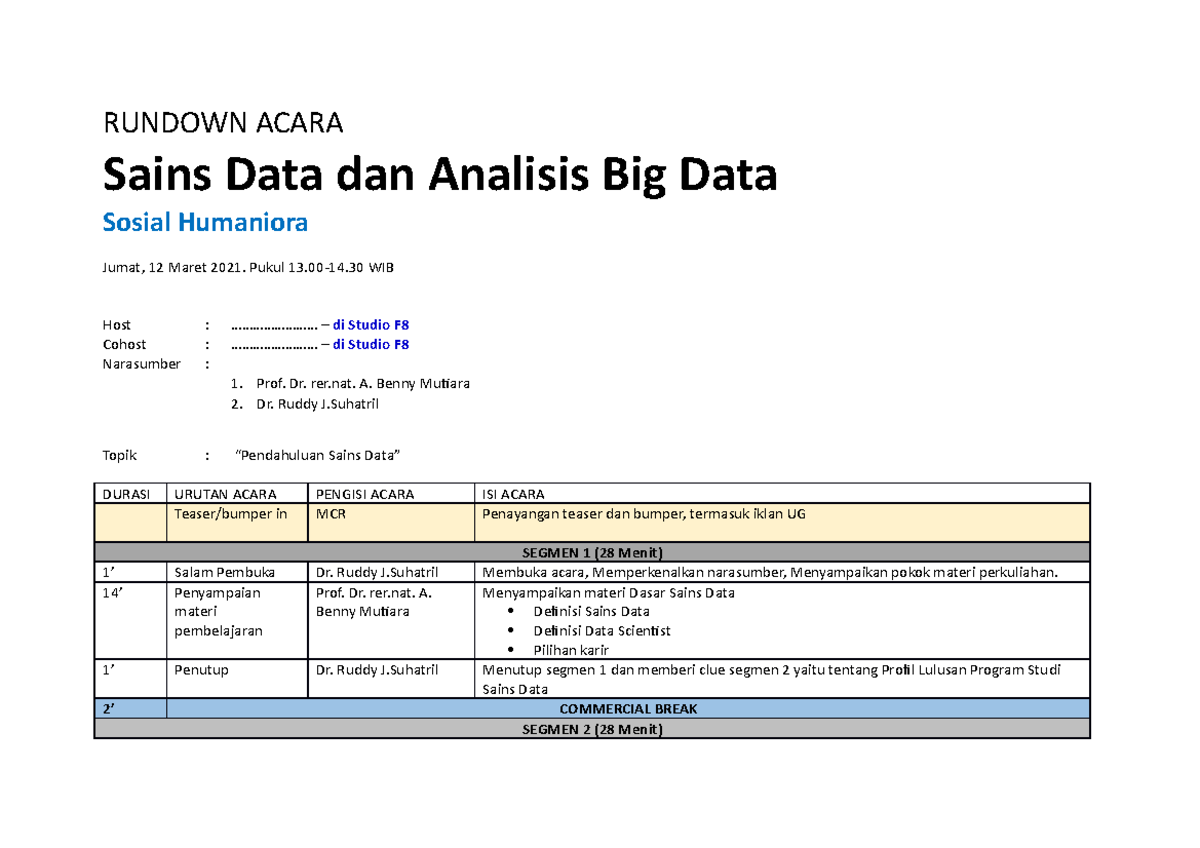 M1 Sains Data: Rundown Acara Analisis Big Data 12 Maret 2021 - Studocu