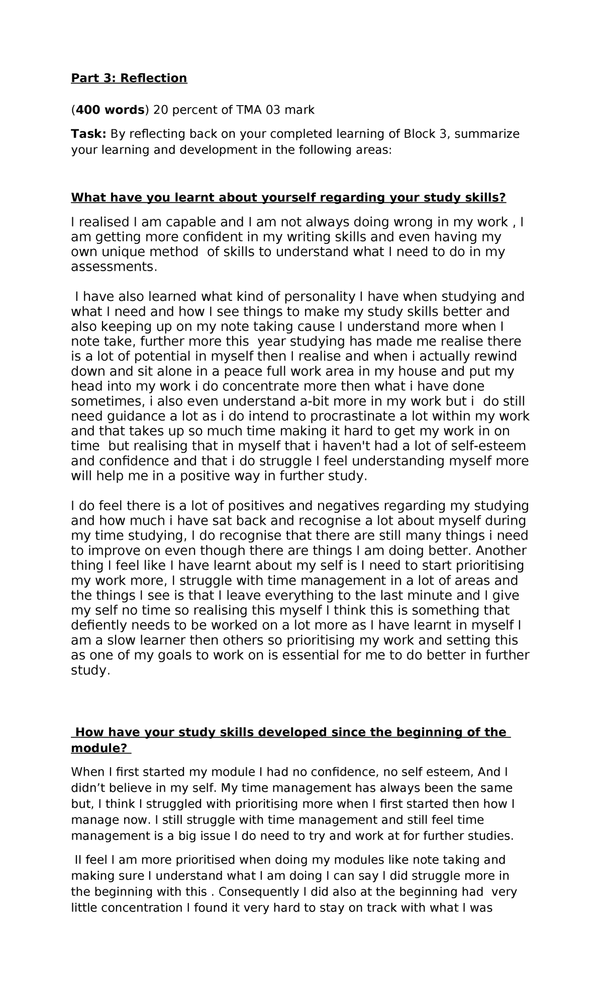 Part 3 Reflection - Self-Assessment in Childhood Studies TMA 03 - Studocu