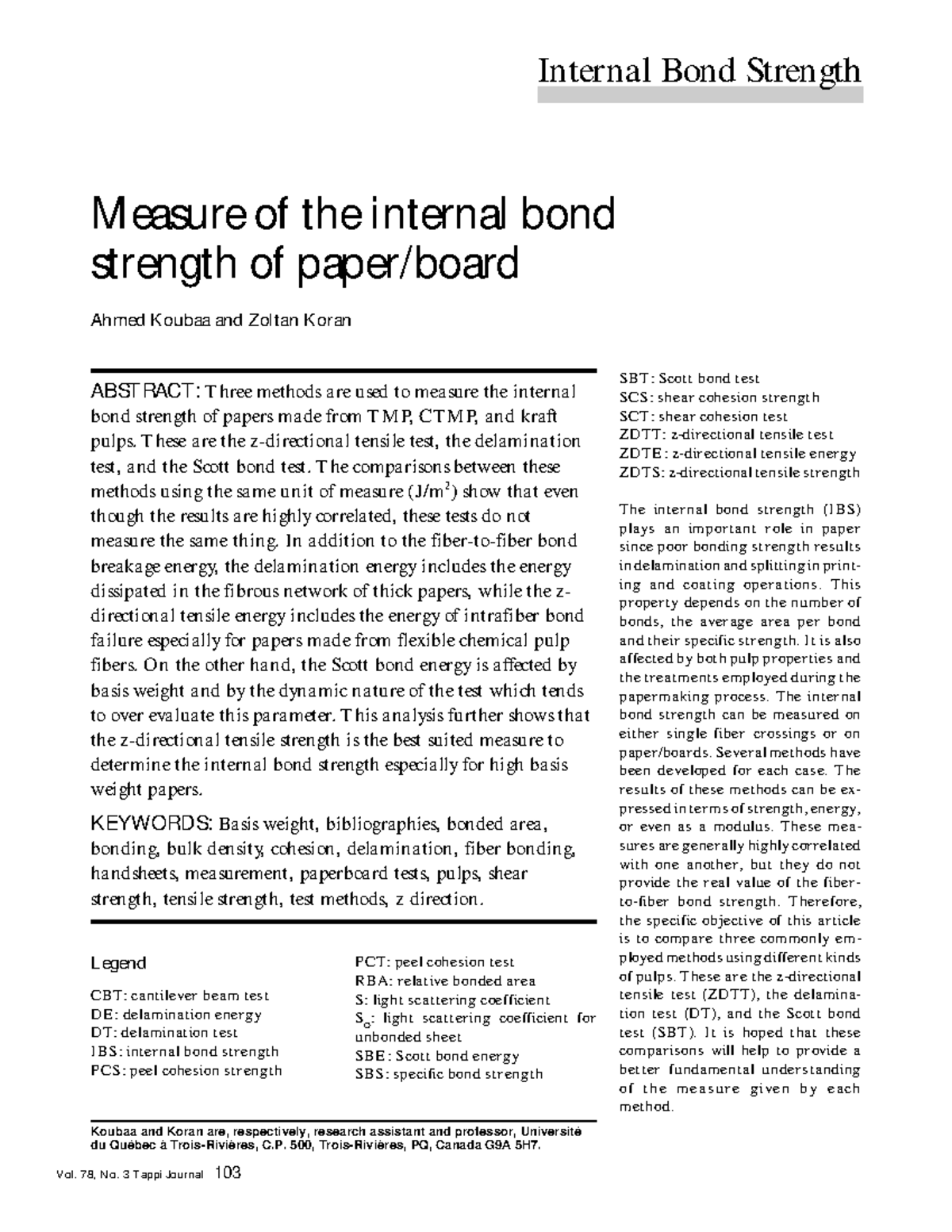 Internal Bond Strength Measurement Methods in Paper (95MAR103) - Studocu