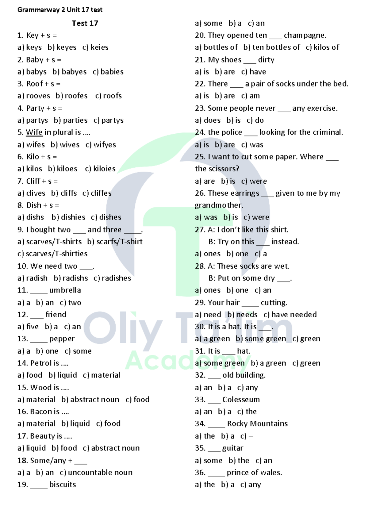 Grammarway 2 Unit 17 Test: Plural Forms and Articles - Studocu