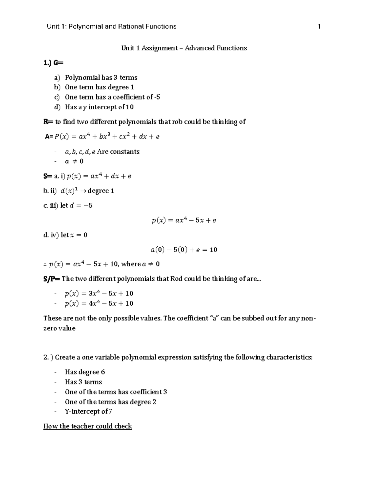 Unit 1 Assignment: Polynomial and Rational Functions - Advanced ...