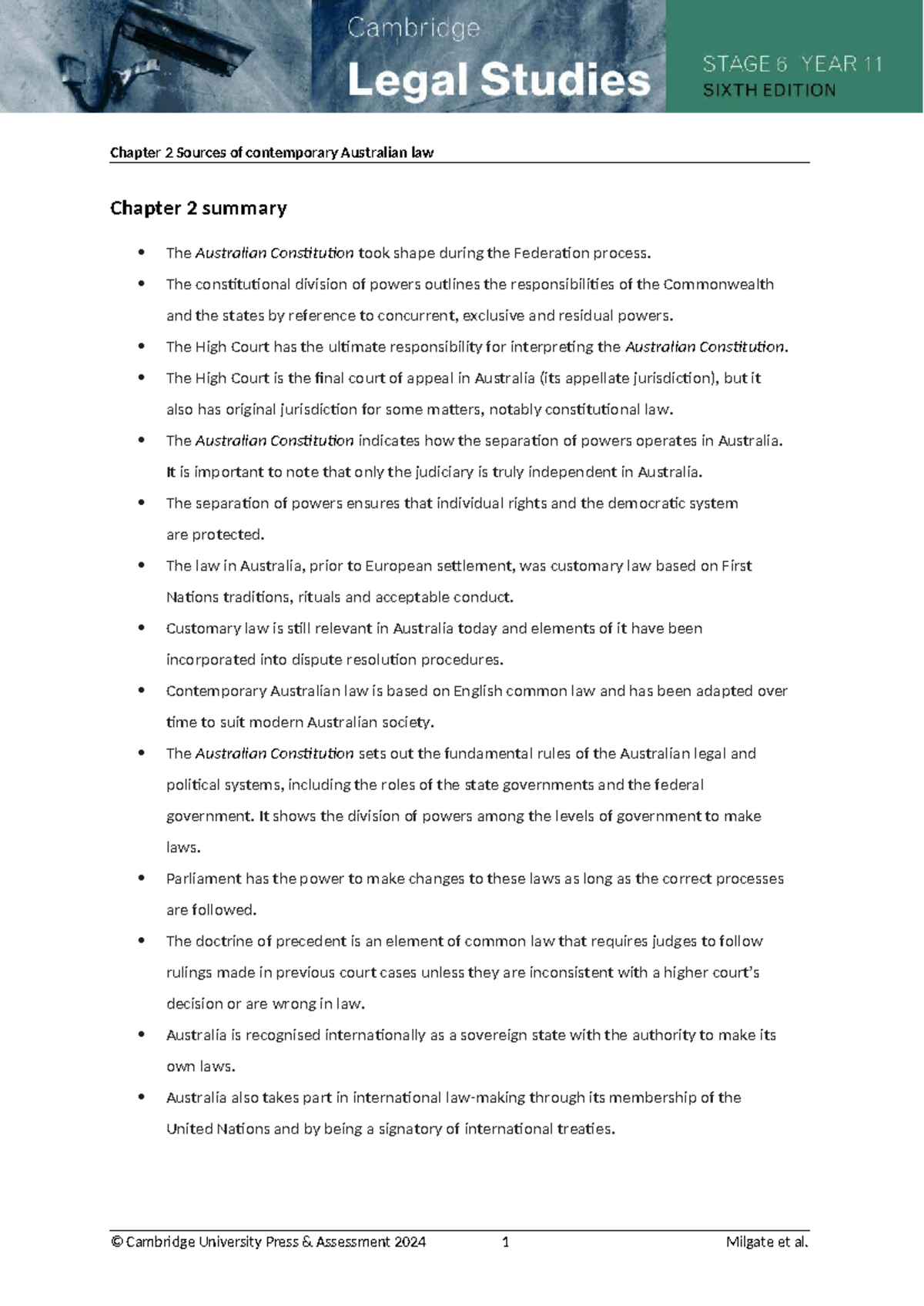 Legal 116ed Chapter 2 Summary: Sources of Contemporary Australian Law ...
