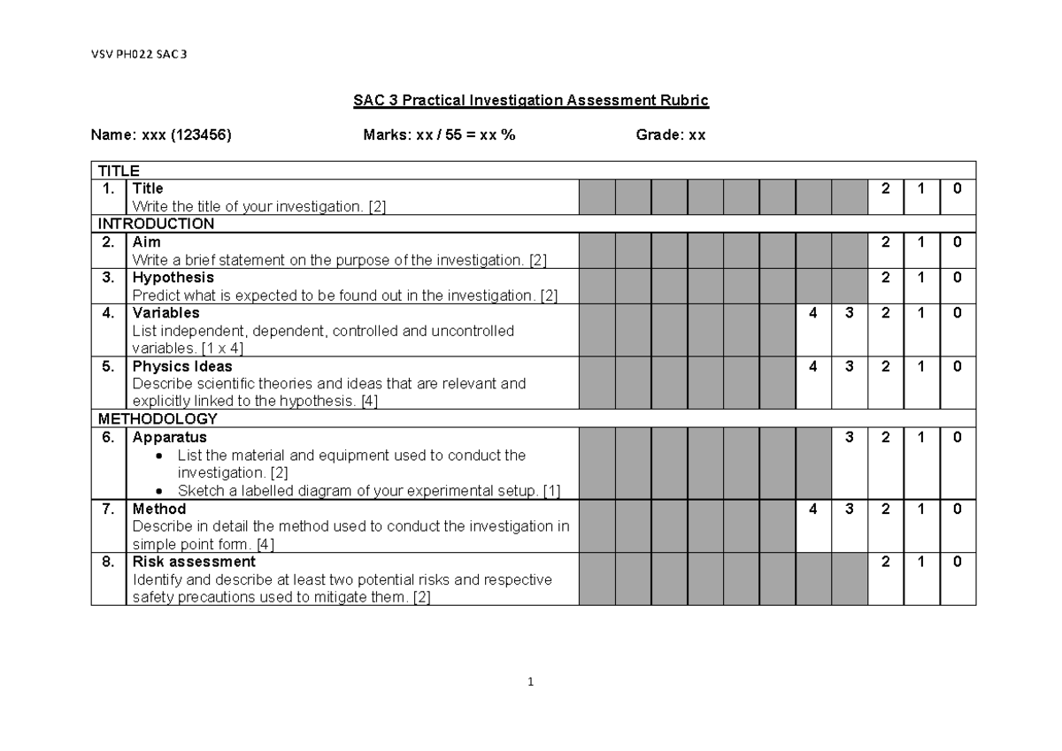 VSV PH022 SAC 3 Practical Investigation Assessment Rubric 2023 - Studocu