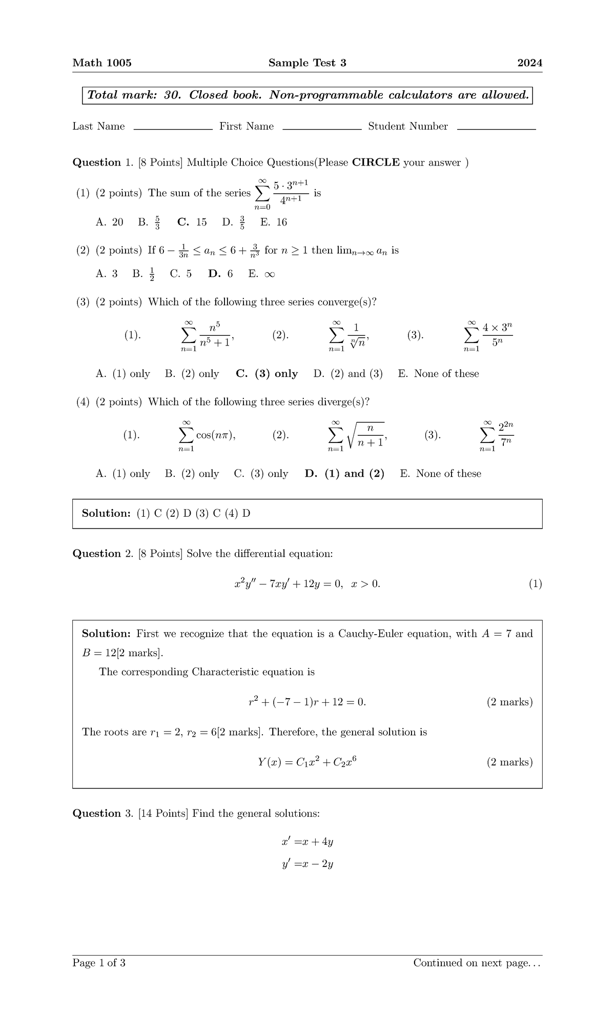 Sample test 3 solutions - Math 1005 Sample Test 3 2024 Total mark: 30 ...