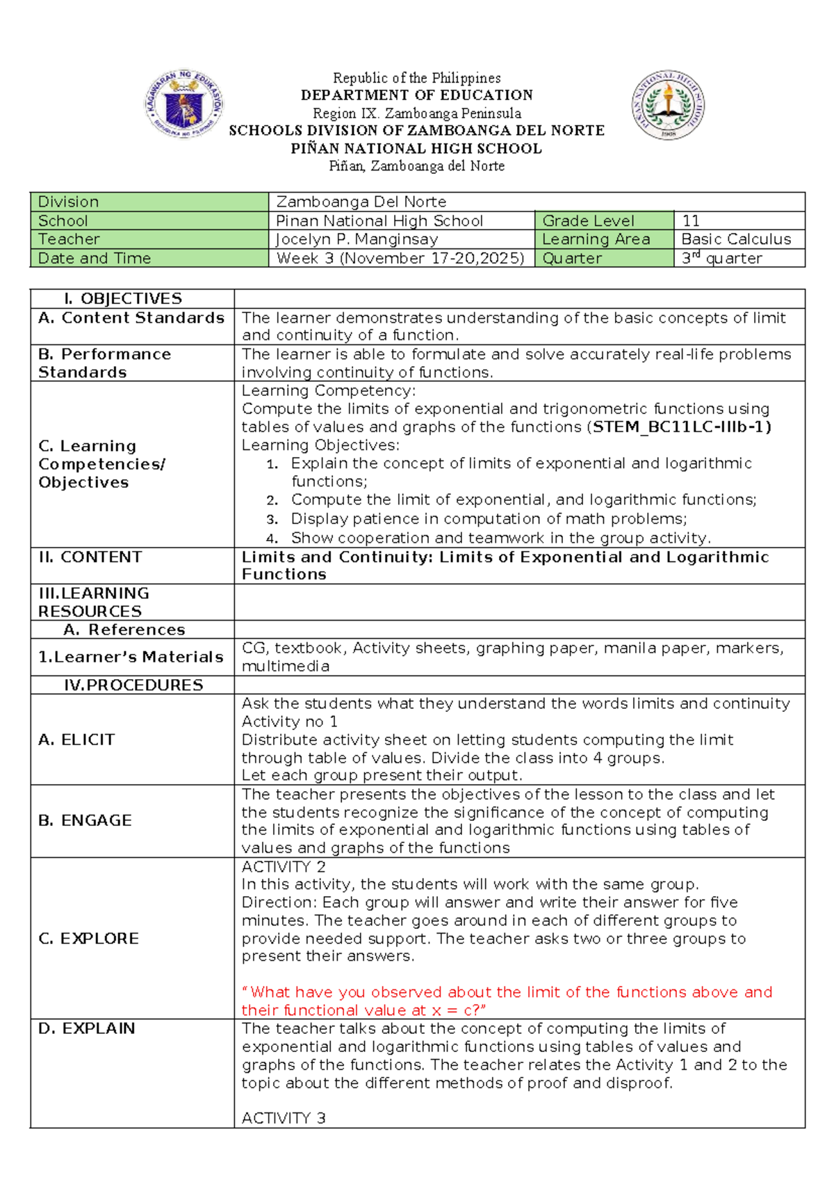 WEEK 3 DLP - Lesson Plan on Limits & Continuity in Basic Calculus - Studocu