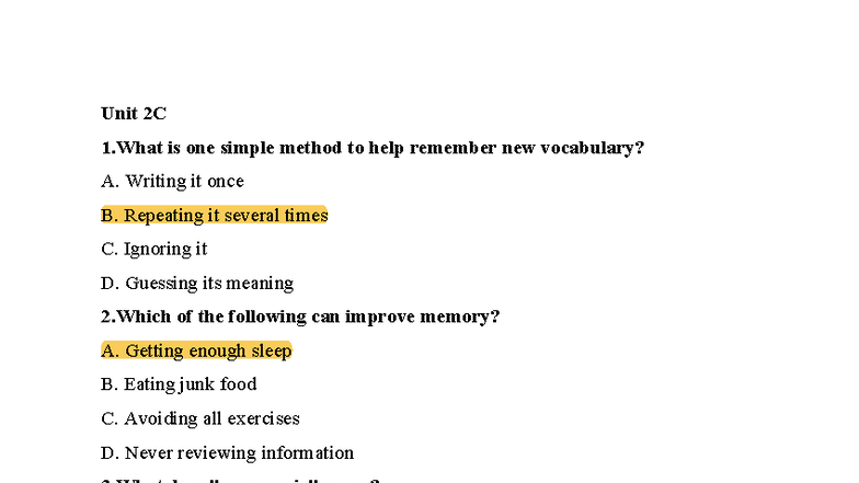 Unit 2C - Effective Memory Techniques and Vocabulary Retention - Studocu