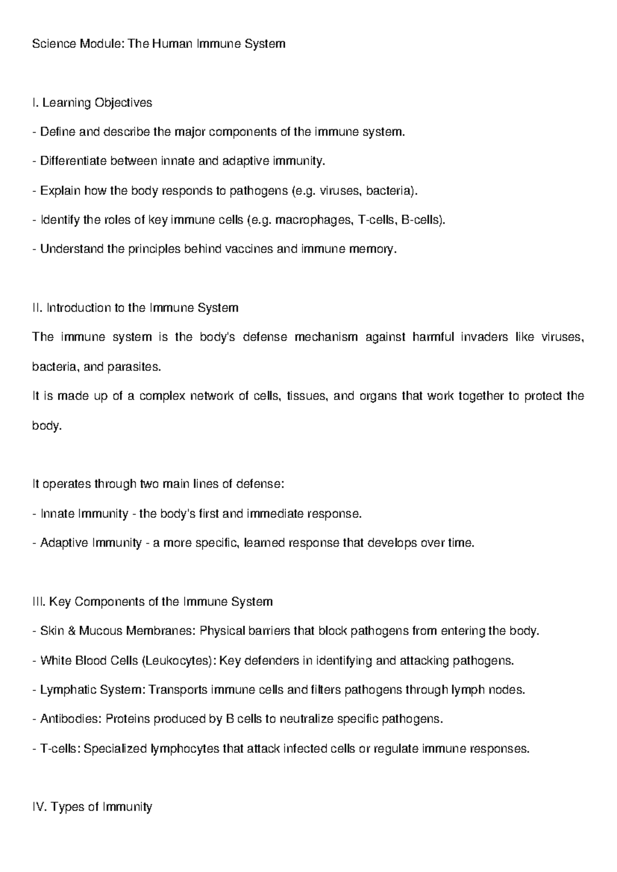 Science Module: The Human Immune System I - Key Concepts & Objectives ...