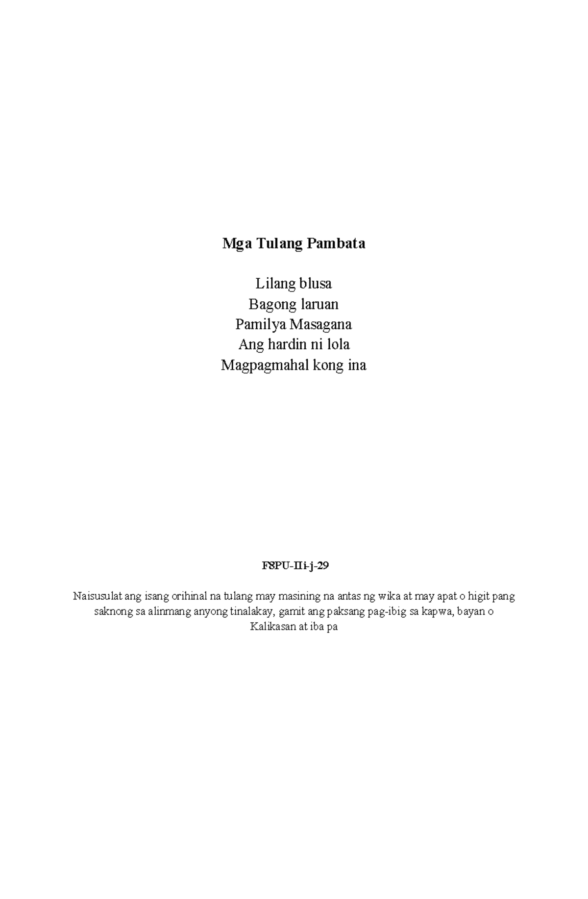 Tula 2: Mga Tulang Pambata at Pamilya Masagana - Studocu