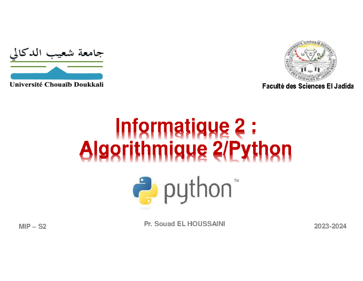 Rappels sur Python et Algorithmes - Informatique 2 MIP - Studocu