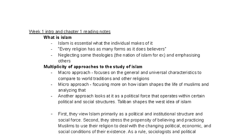 Islam 101: Week 1 Intro & Chapter 1 Reading Notes - Studocu