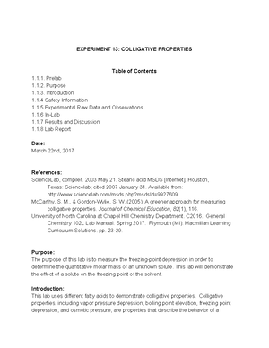 Lab report: Colligative properties - Colligative Properties: Freezing Point Depression Course ...