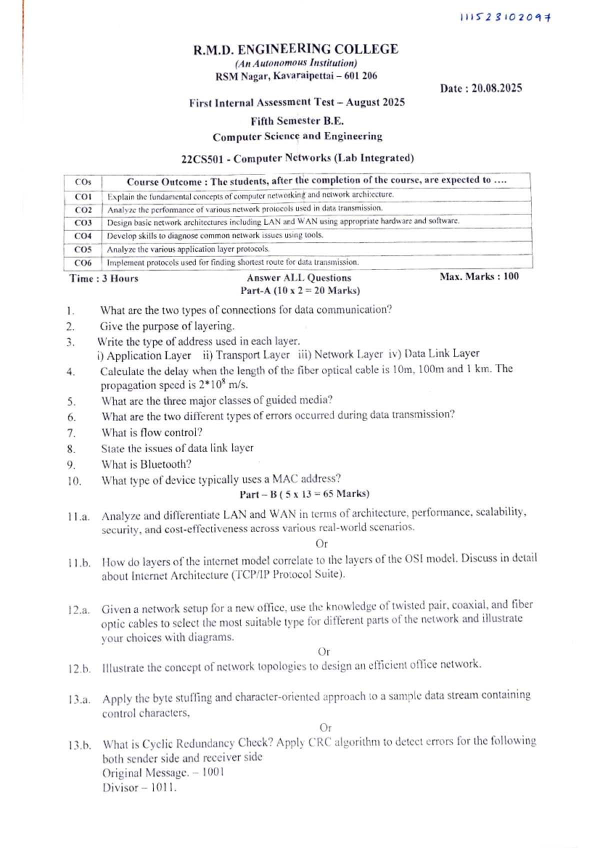 22CS501 Computer Networks First Internal Assessment Test August 2025 ...