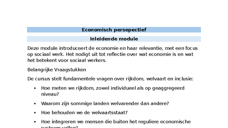 Economisch Perspectief: Inleidende Module Samenvatting (ECO101) - Studocu