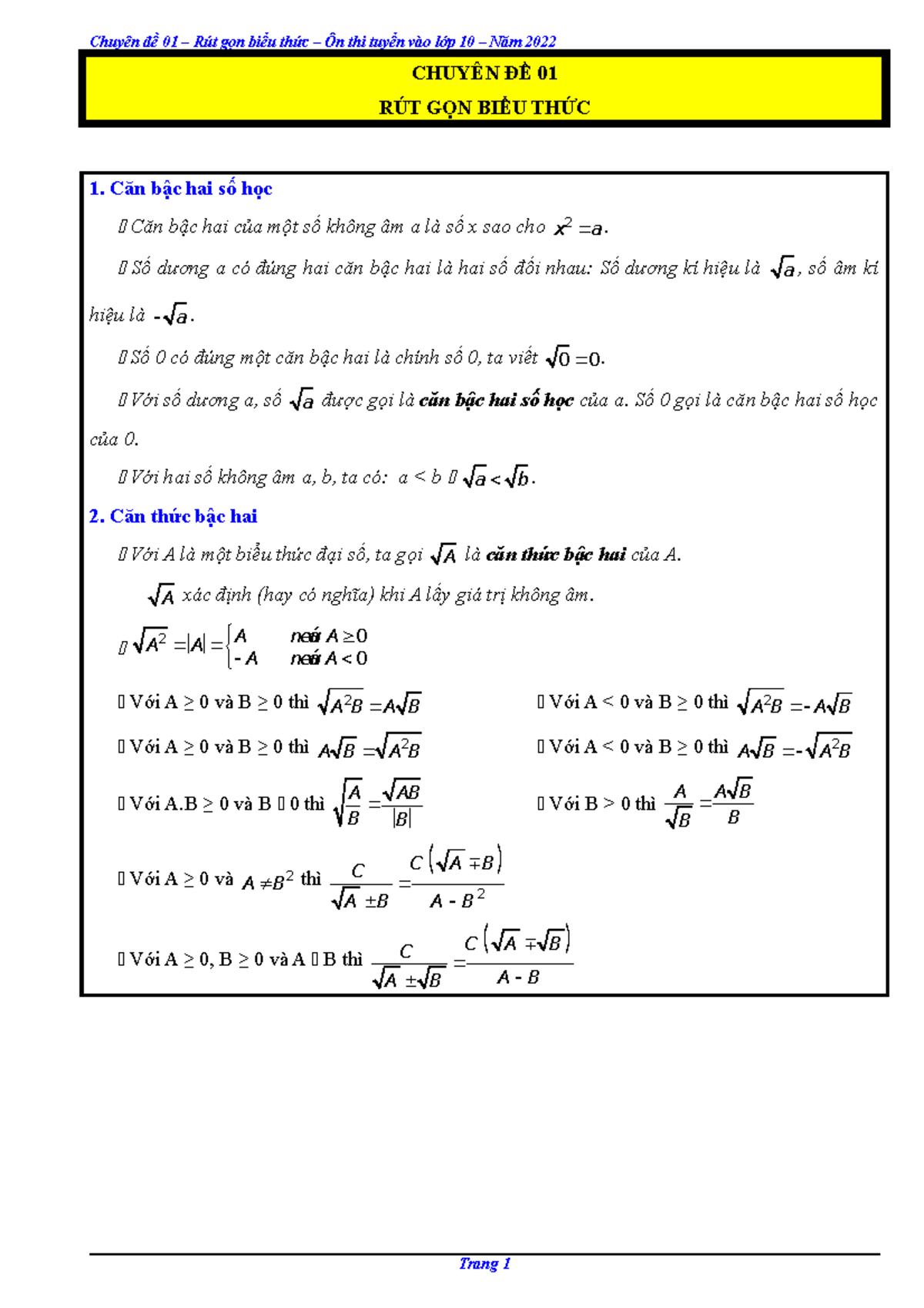 Chuyen de 01 Rut gon bieu thuc Nam 2022 Truong Ngoc Vy - CHUYÊN ĐỀ 01 RÚT GỌN BIỂU THỨC Căn bậc ...
