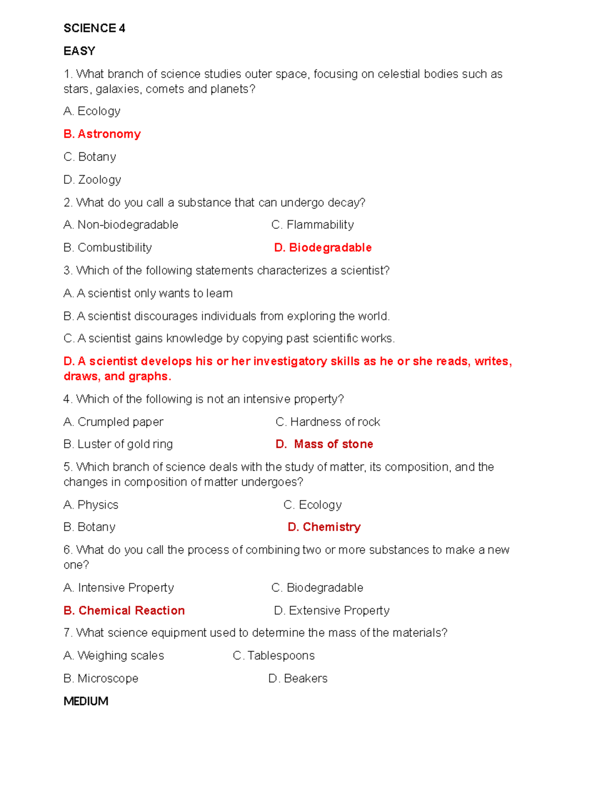 Questionnaires Academic Olympiads Science 4 & 7 - SCIENCE 4 EASY What ...