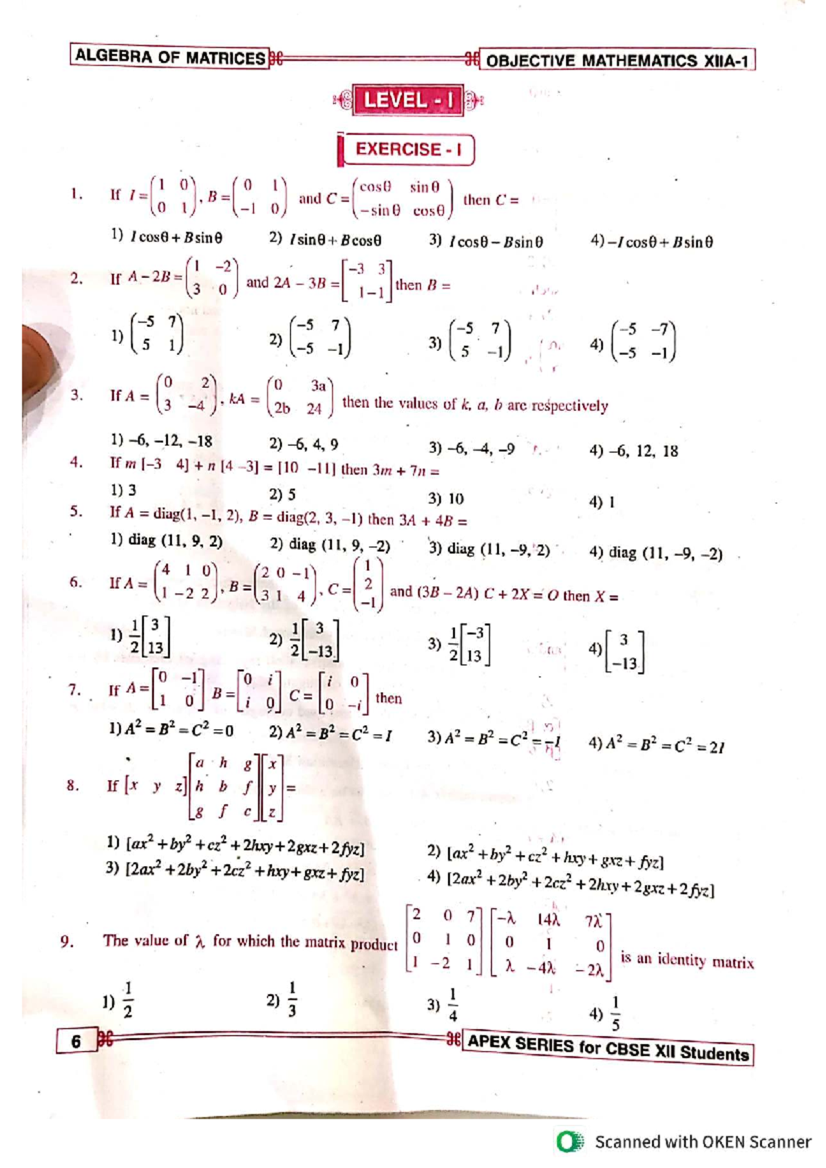 ALGEBRA OF MATRICES H H OBJECTIVE MATHEMATICS PRACTICE QUESTIONS - Studocu