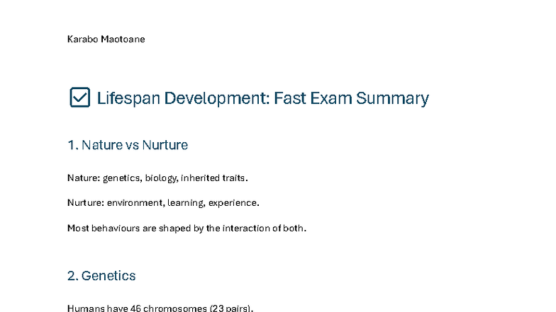 Lifespan Development (PSY 101): Quick Exam Summary Notes - Studocu