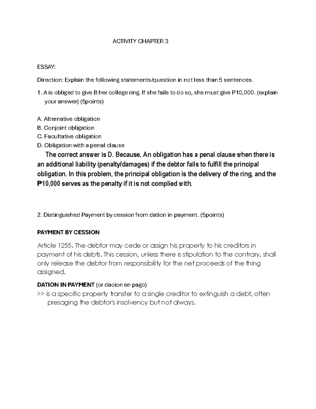 ACTIVITY CHAPTER 3 ESSAY: Obligations and Payment Distinctions - Studocu
