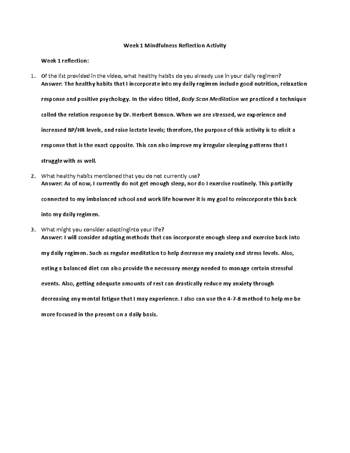 PSY 101 Week 1 Mindfulness Reflection Activity Insights - Studocu