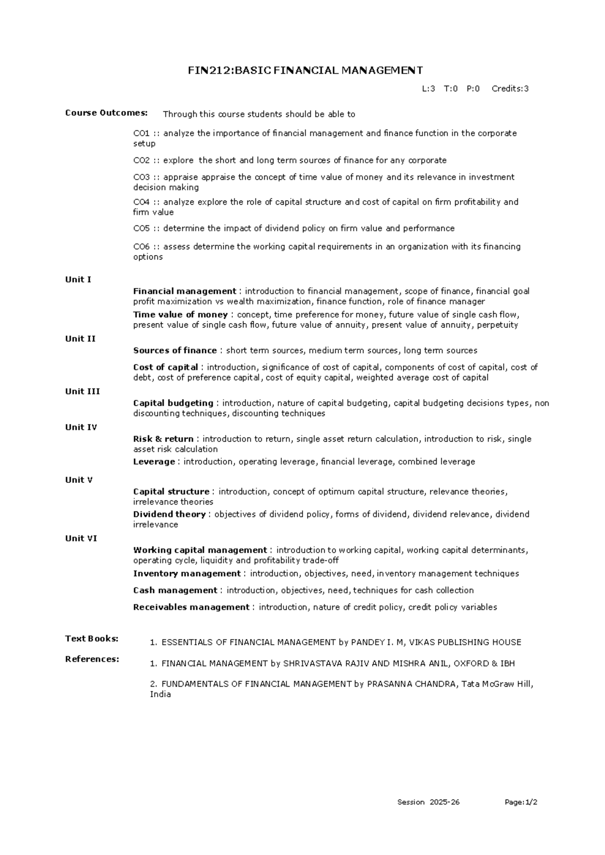 FIN212: Basic Financial Management Syllabus Overview - Studocu